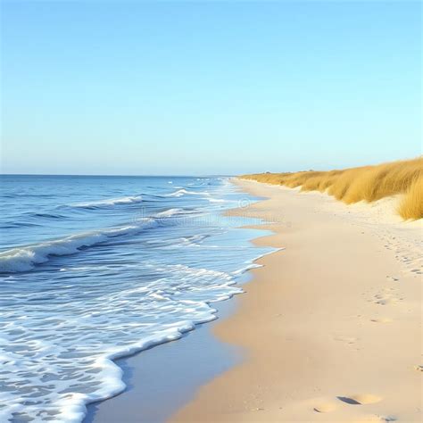 A Tranquil Beach Scene With Gentle Waves And Tall Grass Dunes Along The
