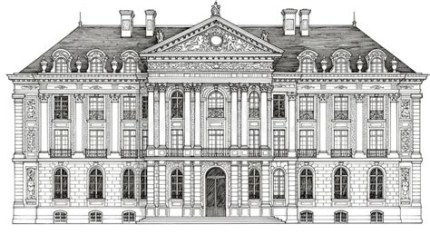 Intricate Line Drawing Of A Neoclassical Building Facade Featuring