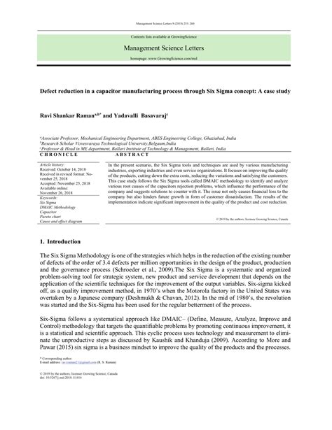 Pdf Defect Reduction In A Capacitor Manufacturing Process Through Six