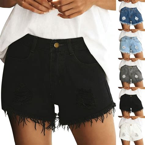 Ailaofu Womens Summer Ripped Denim Shorts High Waist Button Down Solid