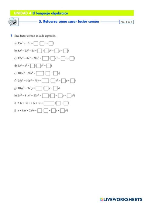 Factor ComÚn Free Interactive Worksheets 7660222