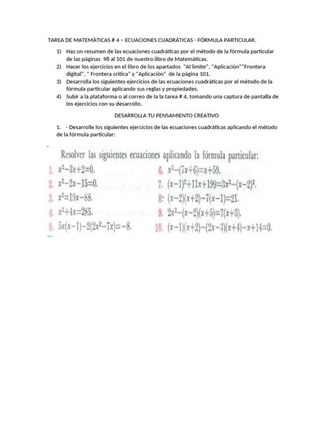 1âº Bgu B Tarea 4 Ecuaciones Cuadrã Ticas Fã Rmula Particular Pdf