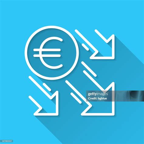 Euro Decrease Icon On Blue Background Flat Design With Long Shadow High