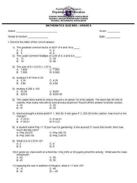 Mathematics Quiz Bee Grade 6 Pdf Arithmetic Elementary Mathematics