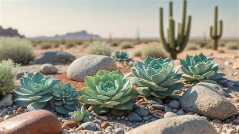 Desert Succulent Garden With Cactus And Rocks In Sunlit Landscape Stock