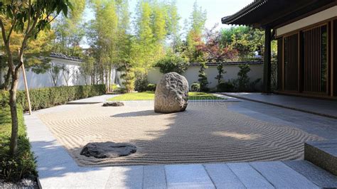Minimalist Zen Garden Clean Sand Patterns Single Stone Background Stock