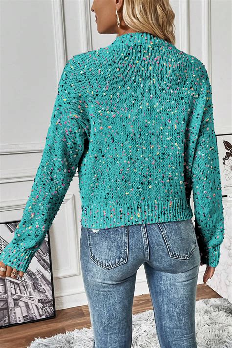 1275 Aruba Blue Rhinestone Decor Multicolor Confetti Sweater Cardigan