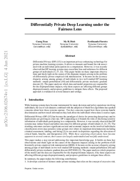 Pdf Differentially Private Deep Learning Under The Fairness Lens