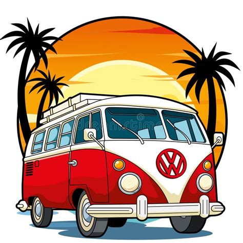 Vector Illustration Of Vintage Hippie Van In Red Color Editorial Stock