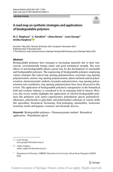 A Road Map On Synthetic Strategies And Applications Of Biodegradable Polymers Request Pdf