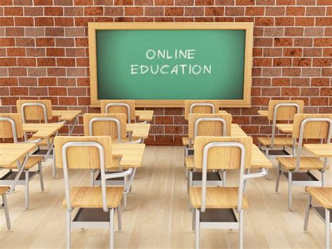 3d Empty Classroom And Chalkboard With Online Education Stock