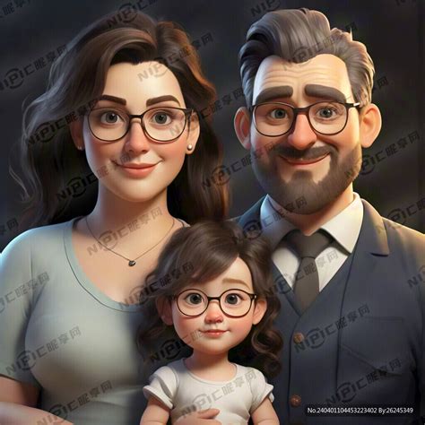 Ai创作图爸爸妈妈女儿一家人卡通图 爸爸肥胖 戴眼镜 扎头发；妈妈微胖 长头发；女儿是新出生的小婴儿 昵图网