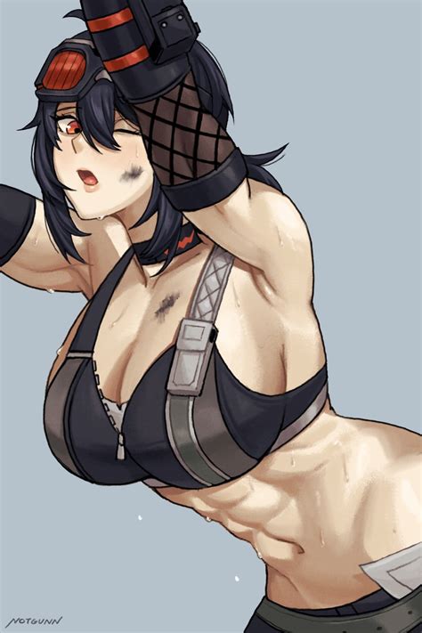 Notgunn Grace Howard Zenless Zone Zero Highres 1girl Abs Armpits Arms Up Black Hair