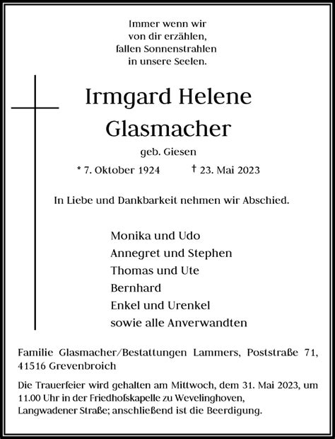 Alle Traueranzeigen Für Irmgard Helene Glasmacher Trauerrp Onlinede