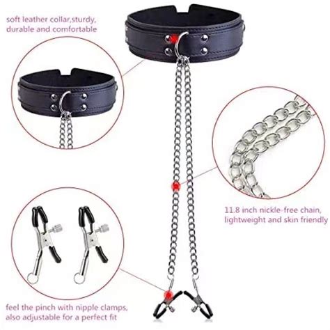 Rouge Leather Bdsm Collar With Nipple Clamps