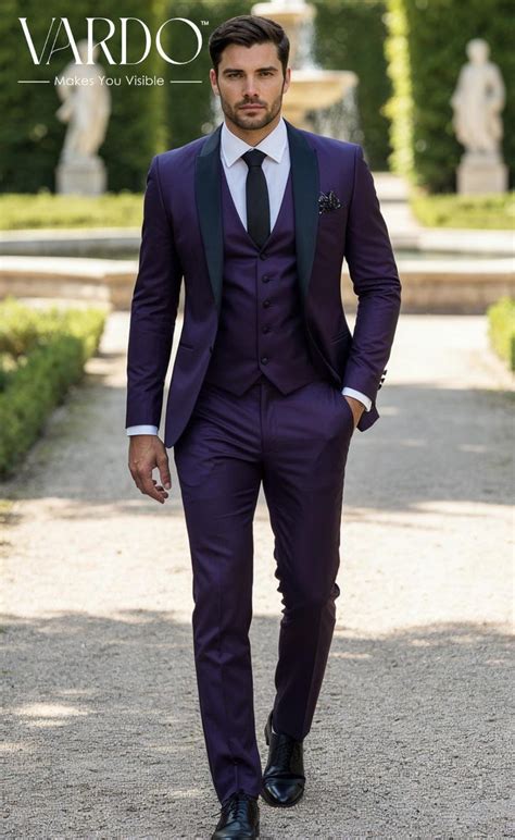 Mens Purple Three Piece Tuxedo Suit Slim Fit Wedding And Business