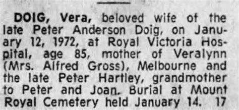 Obituary For Vera Doig Aged 85