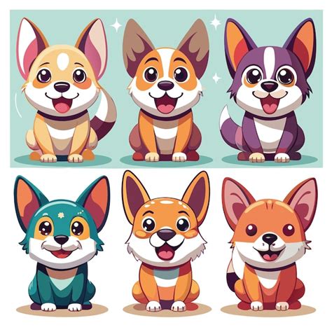 A Collection Of Cute Cartoon Corgis With Cheerful Expressions Premium