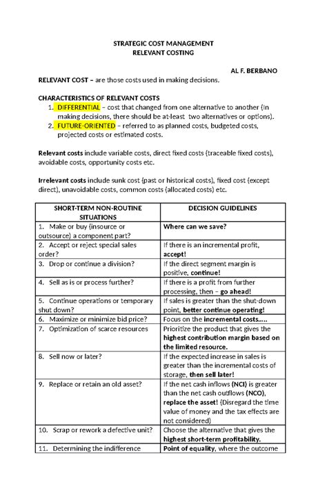 Differential Cost Notes Strategic Cost Management Relevant Costing