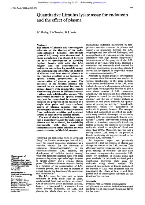 Pdf Quantitative Limulus Lysate Assay For Endotoxin And The Effect Of