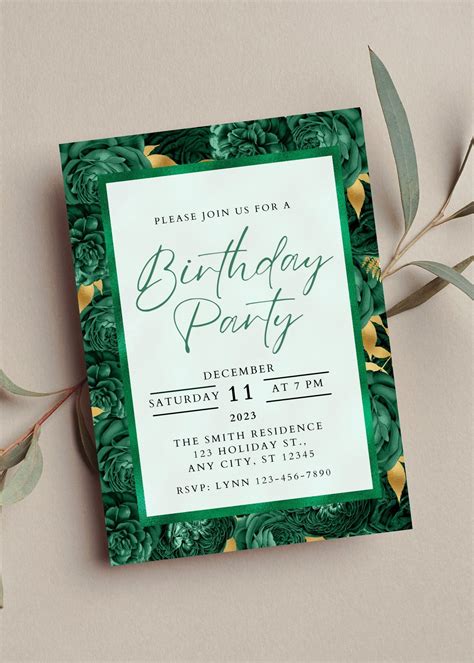 Editable Green And Gold Floral Birthday Party Invitation Printable Or