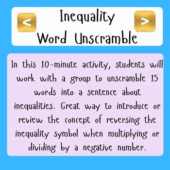 8th 9th Grade Algebra Inequalities Word Unscramble Warm Up Activity