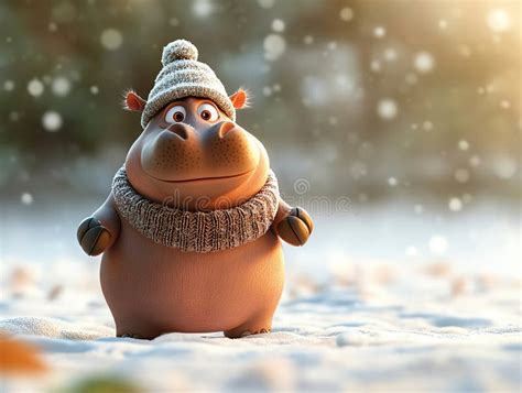 Hippopotamus Wearing A Small Hat And Scarf Standing In The Snow
