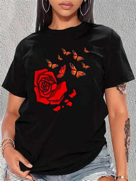 Red Rose With Butterflies Garden Gardener Flowers Rose T Shirt Print