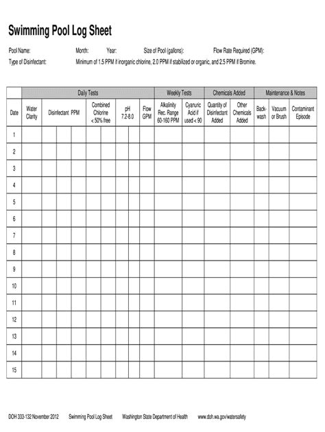 Printable Pool Chemical Log Sheet Printable Word Searches