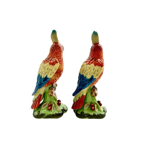 Vintage Oriental Pair Ceramic Parrot Tropical Style Bird Figurine