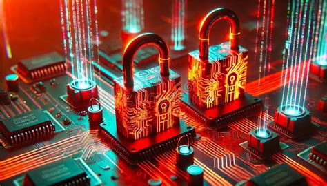 Cybersecurity Protecting Data With Padlocks On Circuit Board Stock