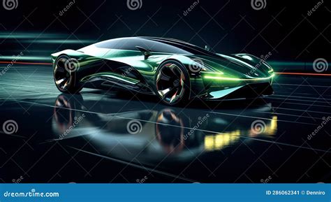 A Modern Streamlined Car In Dark Green Colors In The Style Of Wavy