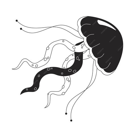 물 ⁇ 에 떠다니는 검은색과 ⁇ 색 2d 라인 만화 객체 해양 생물 수영 수족관 젤리 물고기 격리 된 ⁇ 터 윤 ⁇ 항목 젤리