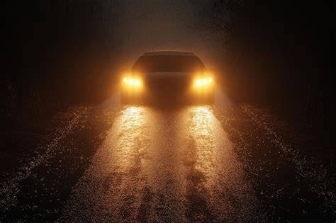 Car Headlights Illuminating A Dark Road Premium Ai Generated Image