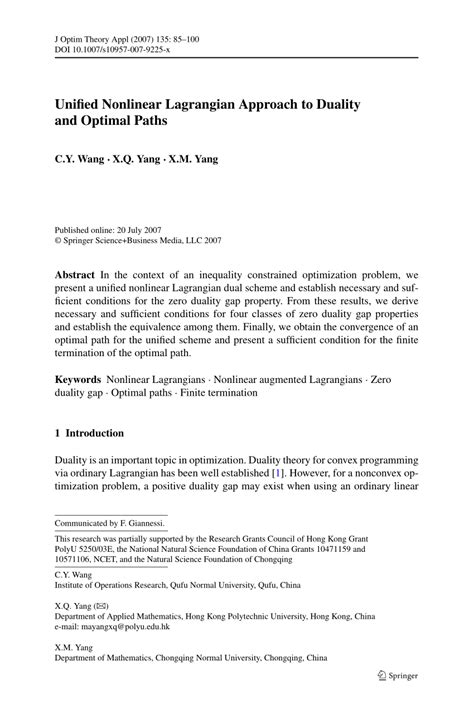 Pdf Unified Nonlinear Lagrangian Approach To Duality And Optimal Paths