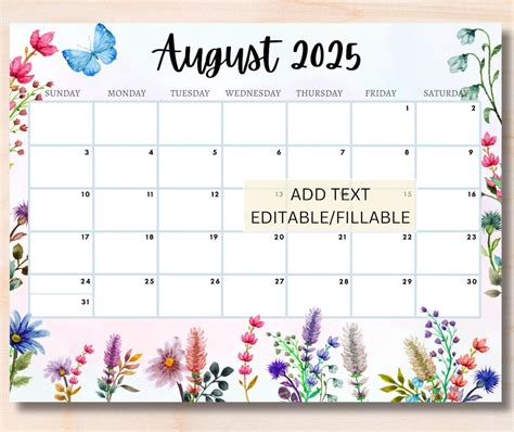 Editable August 2025 Calendar Printable Fillable Monthly Planner