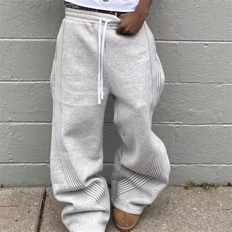 Grey And White Vintage Y2k Baggy Sweatpants With Depop
