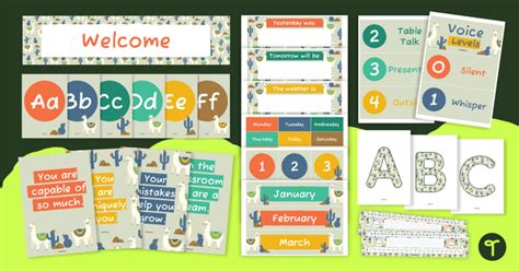 Green Classroom Decor Theme Bundle Llama And Cactus Teach Starter