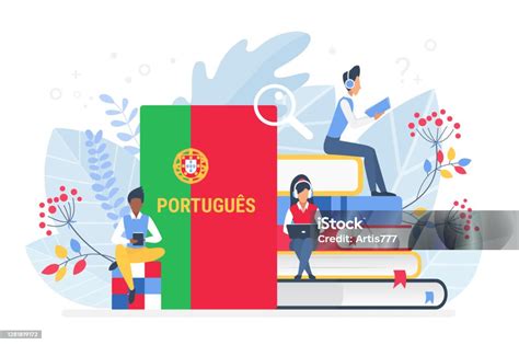 포르투갈어 벡터 일러스트레이션을 배우는 사람들 포르투갈 거리 교육 온라인 학습 과정 개념 책 만화 문자를 읽는 학생 외국어를