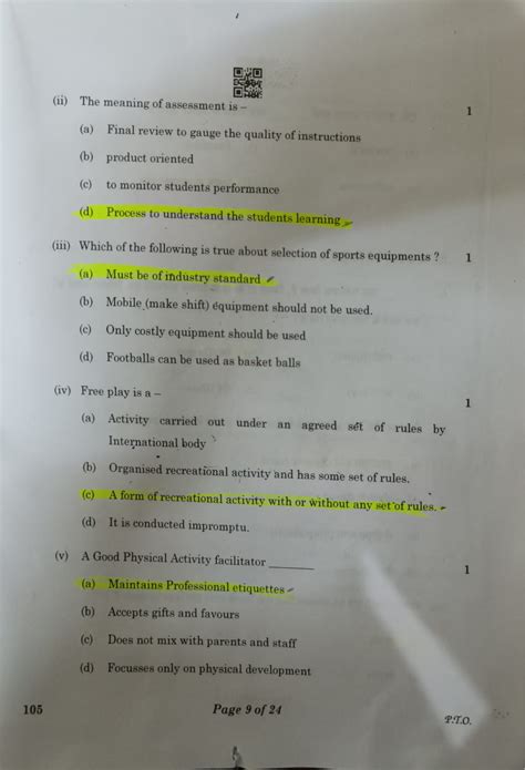 Cbse Class 10 Physical Activity Trainer Paper Solution Answer Key 2023