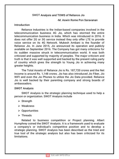 Swot And Tows Analysis Of Reliance Jio Pdf Business Computers