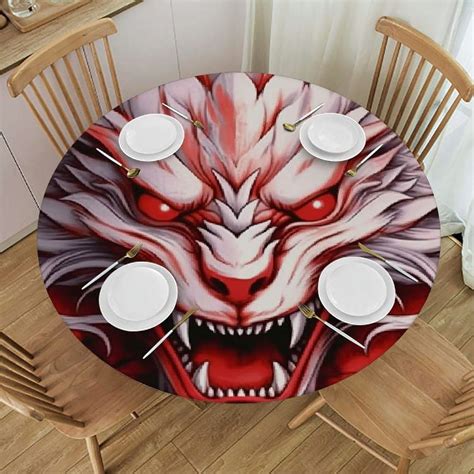 Ruiyc Round Reusable Decorative Table Cover Dragon Head Black Background Wipable Polyester Cloth