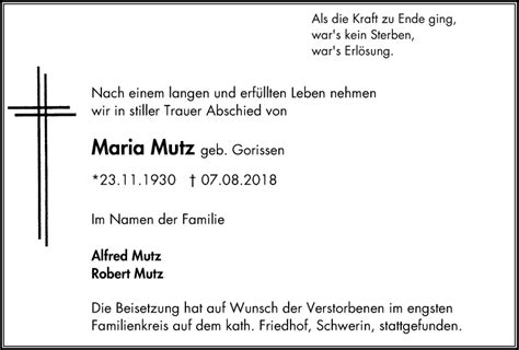 Traueranzeigen Von Maria Mutz Trauer In Nrwde