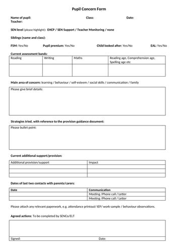 Pupil Concern Form Send Teaching Resources