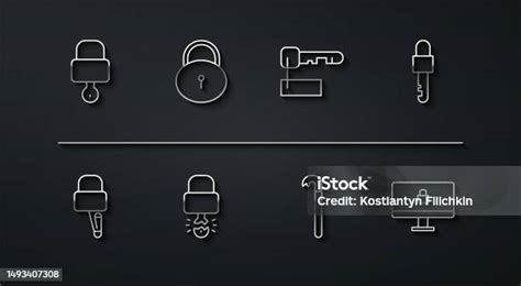 라인 잠금 및 키 설정 잠금 장치 선택 잠금 지렛대 자물쇠 내부 열쇠 파손 컴퓨터 모니터 및 표시된 아이콘 벡터 갈고리 발톱에 대한 스톡 벡터 아트 및 기타 이미지 Istock