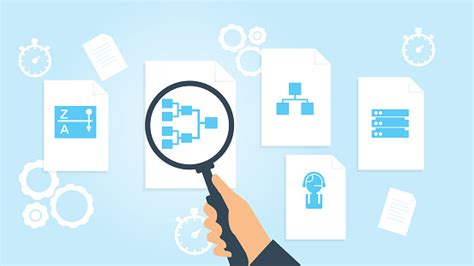 데이터베이스 서버 파일 문서 연구 벡터 일러스트레이션 검색 아이콘으로 문서작성합니다 파일 및 돋보기 분석 연구 기호입니다 벡터