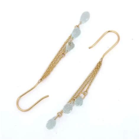 Multi Layered Chain Teardrop Aquamarine Gemstone Dangle Earrings A