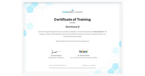 Successfully Completed The Advanced Excel Training From Internshala