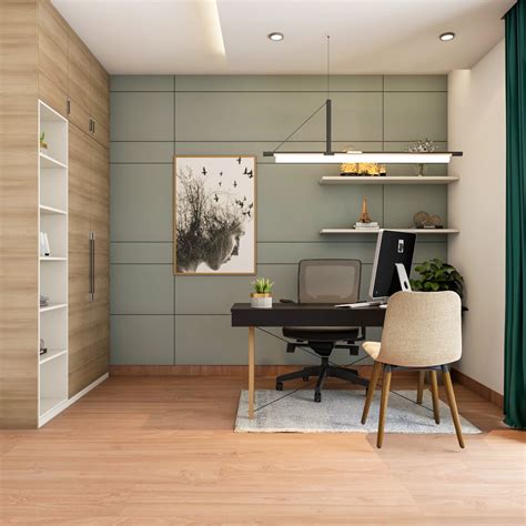 Modern Home Office Design With Pastel Green Accent Wall And Artistic Photo Frame Livspace