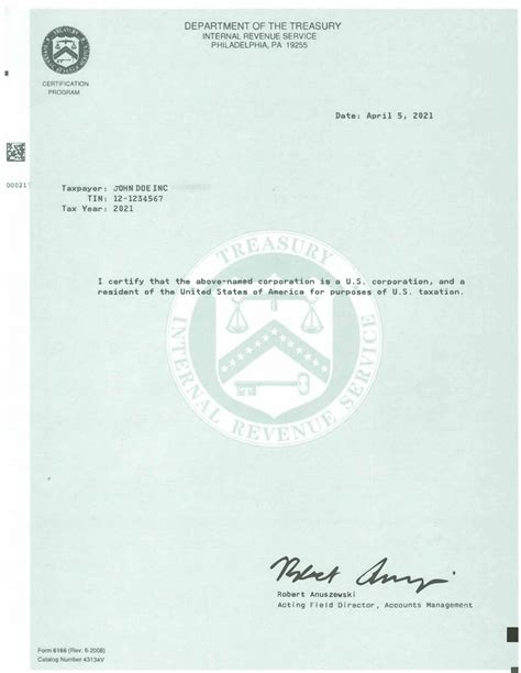 Samples Of Us Residency Certifications Form 6166 Oandg Tax And